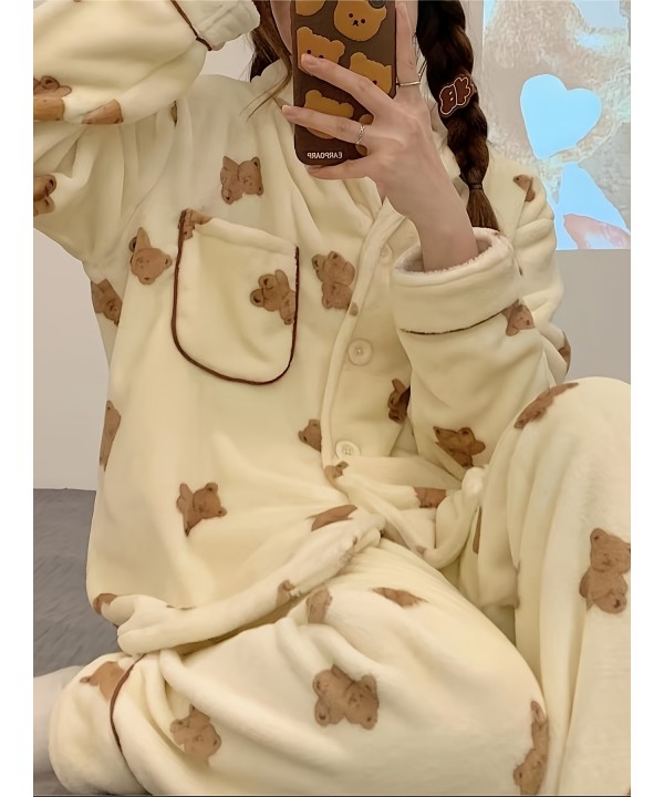 Cute Teddy Bear Warm &Thermal Loungewear , Long Sleeve Blouse Pajama ...
