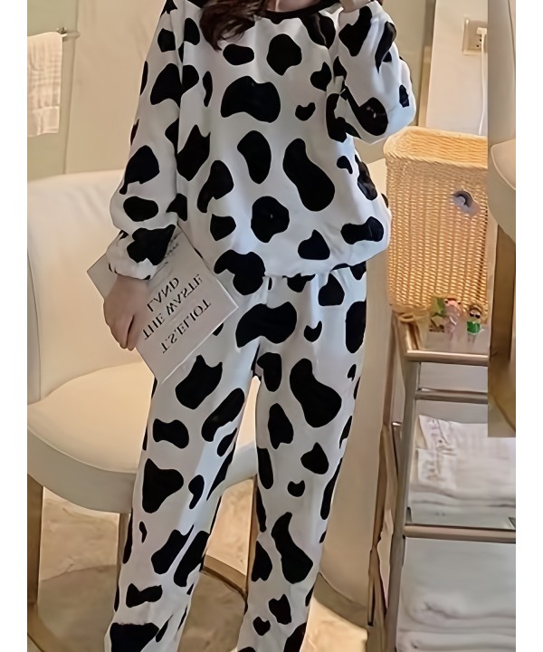 Cute Long Sleeve Crew Neck Cow Spots Print Pajama Set