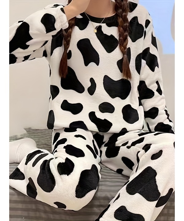Cute Long Sleeve Crew Neck Cow Spots Print Pajama Set