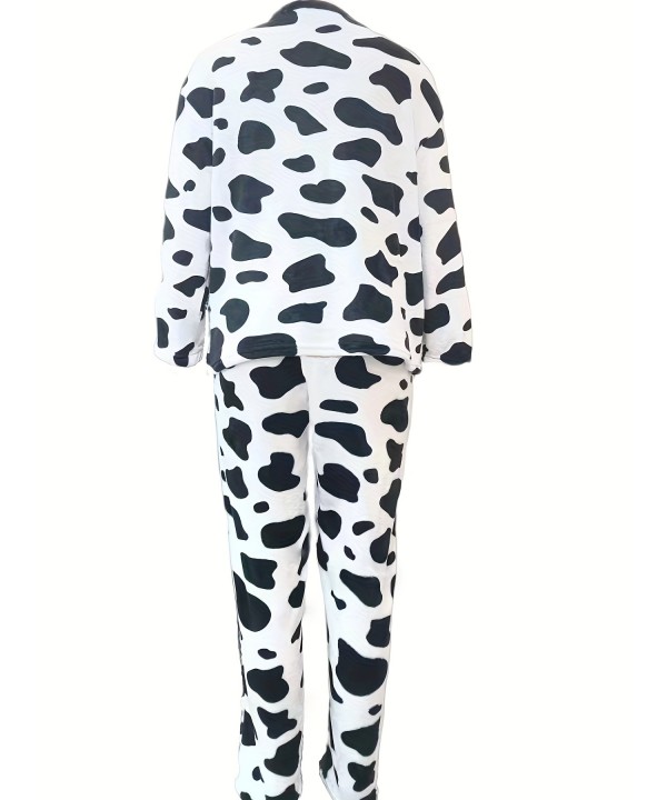 Cute Long Sleeve Crew Neck Cow Spots Print Pajama Set