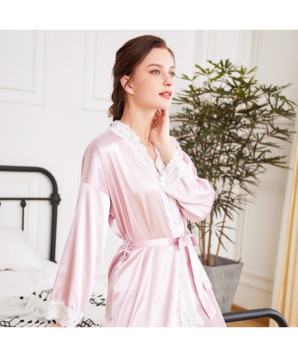 Long-sleeved Ice Silk Nightgown lace morning gown simulated silk ...