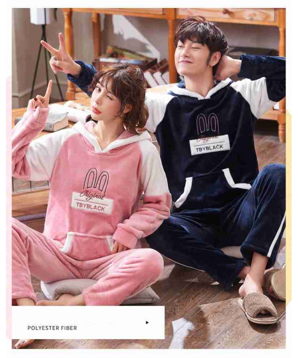Coral fleece with hat thickened couple flannel pajamas set on sale