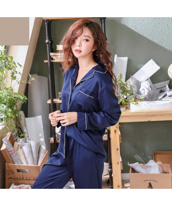 Long Sleeve Simulated Silky Nightwear Casual Cardigan Ice Silk Pajamas