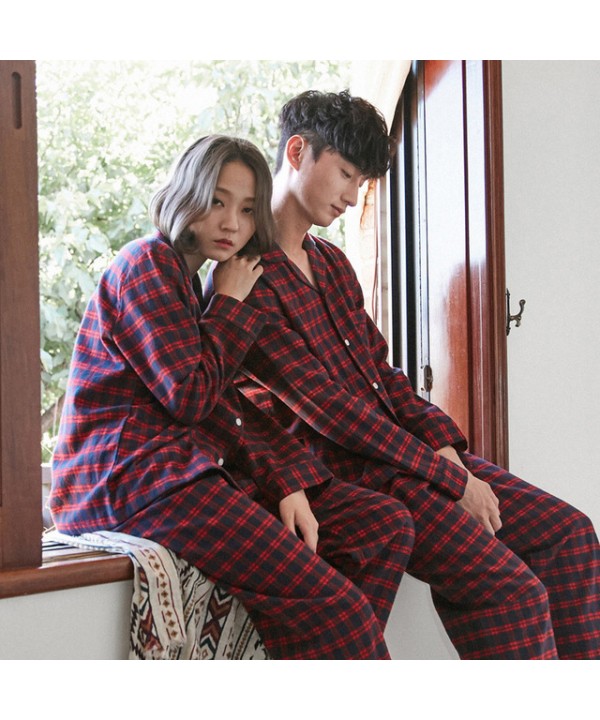 Scottish square comfy couple pajamas, pure cotton sleepwear long ...