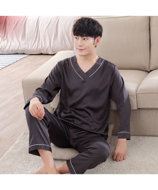 Pure Color Satin Pajamas For Men Comfy Luxury Sleepwear Male