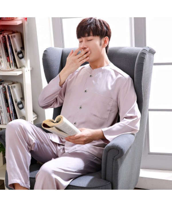Casual Ice Silk Lounge Pajamas For Men Long Sleeved Pure Color Pajamas Male