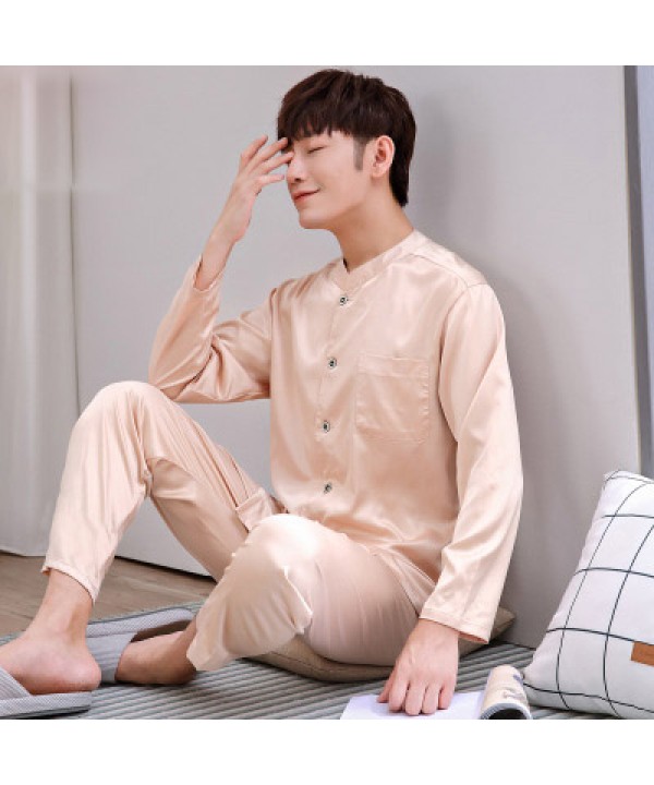 Casual Ice Silk Lounge Pajamas For Men Long Sleeved Pure Color Pajamas Male