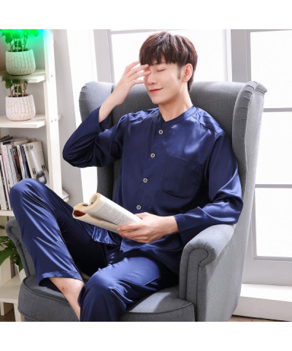 Casual Ice Silk Lounge Pajamas For Men Long Sleeved Pure Color Pajamas Male