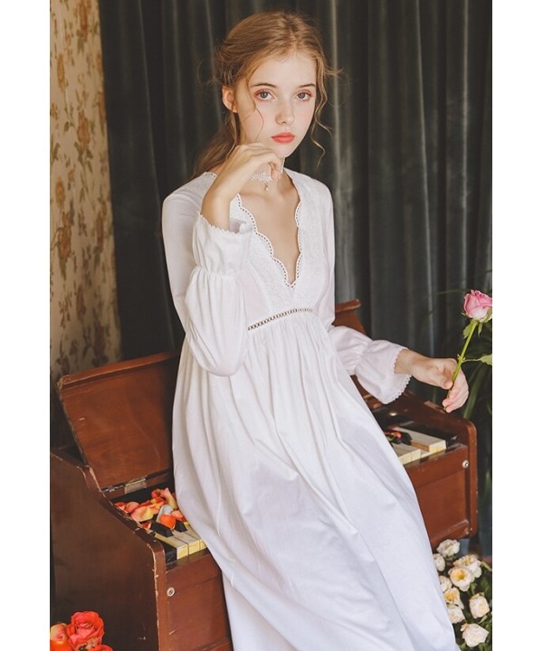 Ladies 100 Cotton Nightgown Spring Autumn Long Sleeve Nightshirts V ...