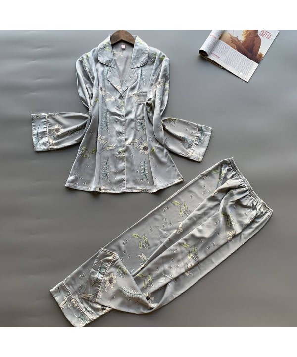 Womens Spring And Autumn Sleepwear Long Sleeves Ice Silk Pajamas Set